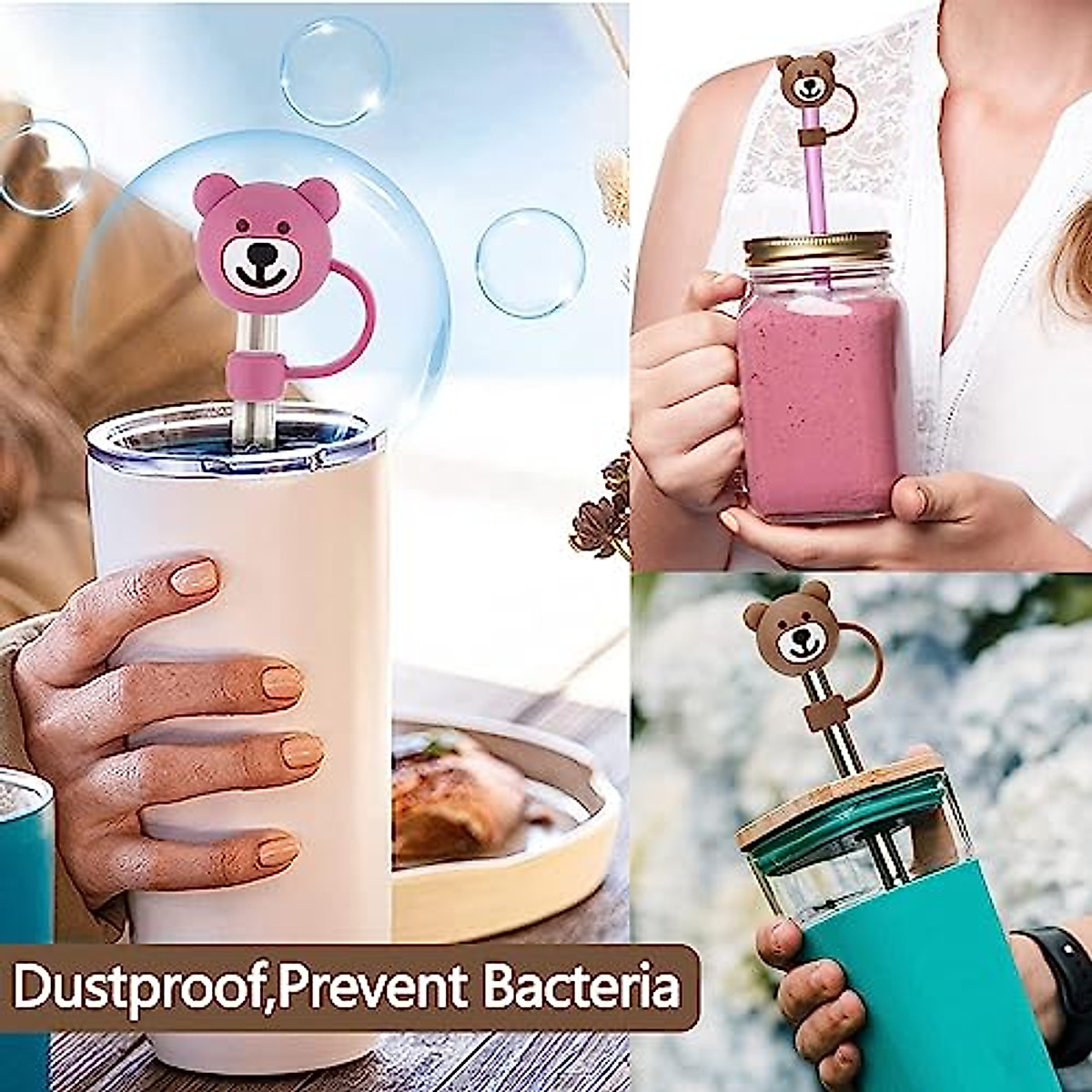 4pcs Straw Covers Cap for Stanley Cup, Cute Bear Silicone Straw Tip Covers for Stanley 30 & 40 Oz Tumbler with Handle (Bear)