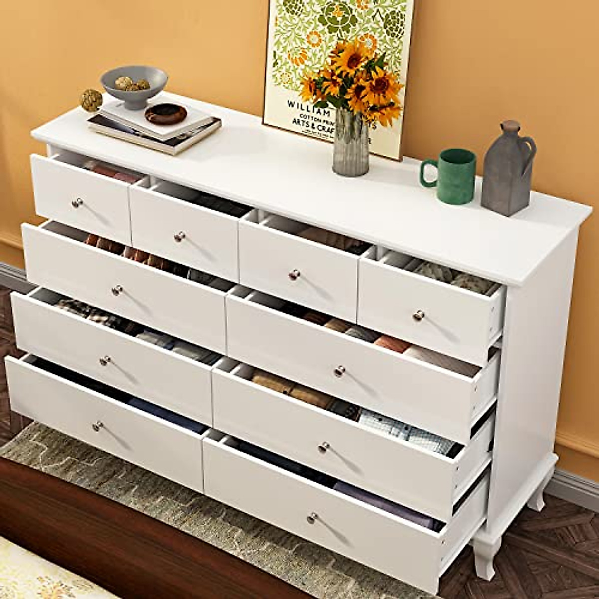 Homsee 10 Drawer Double Dresser with Stylish Carved Legs, Modern Wood Dresser Chest of Drawers with Large Storage Space for Bedroom, White (55.1”W x 15.7”D x 35.4”H)
