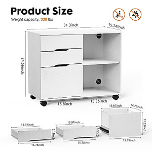 Sweetcrispy Filing Cabinet 3-Drawer File Cabinets Printer Stand for Home Office Mobile Vertical Storage Cabinet Under Desk Wood Organizers with Open Storage Shelves for Kids Room, Small Space