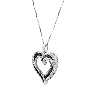 GILDED Sterling Silver 1/4cttw Natural Round-Cut Black Diamond Heart Pendant-Necklace with an 18 Inch Chain