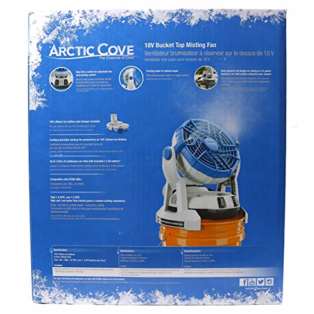 Arctic Cove MBF0181 18V Lithium Ion Powered Cooling Bucket Top Variable Speed Fan and Water Mister (18V Battery and Charger Included, 5 Gallon Bucket Not Included)