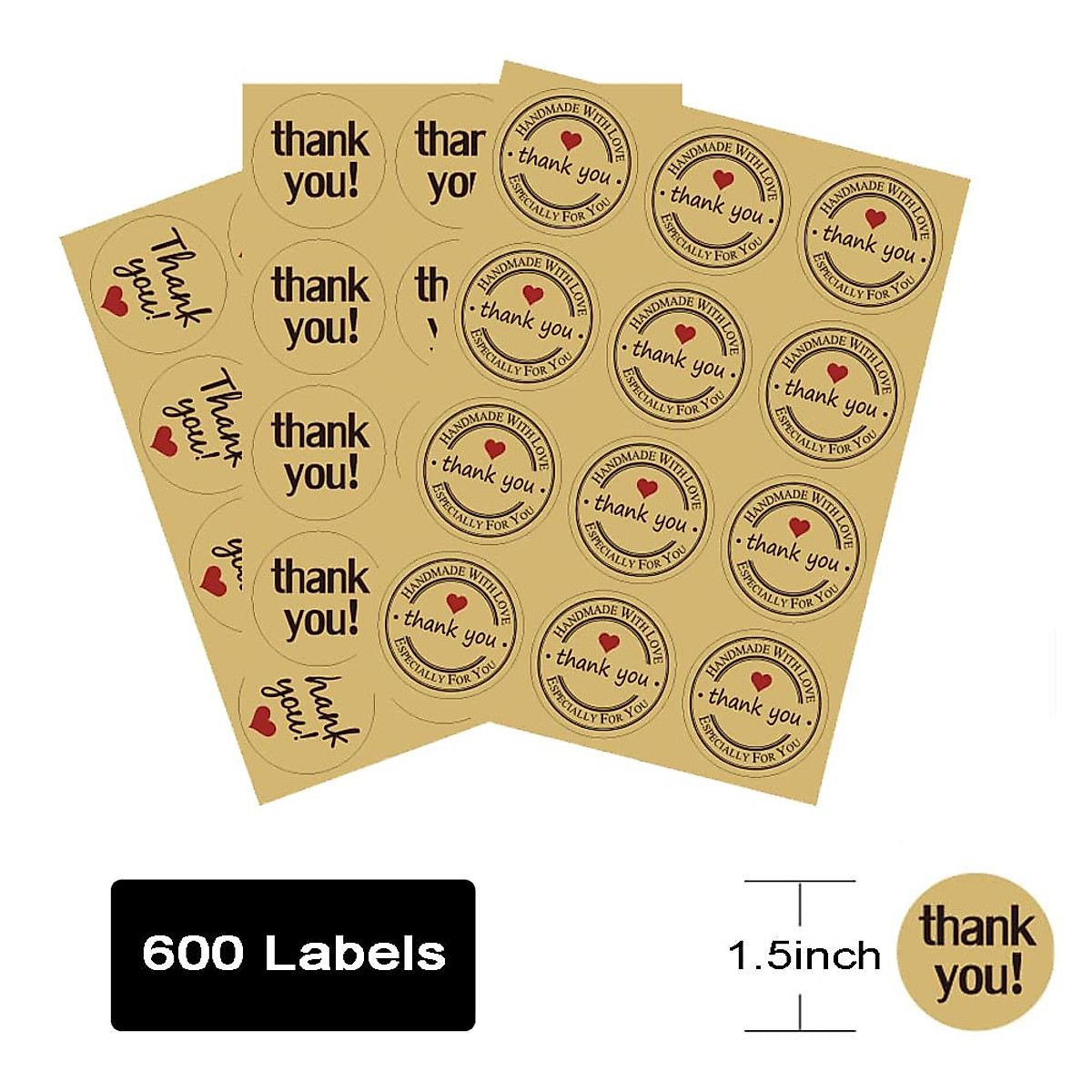 Thank You Stickers | 600 Labels Per | 1.5" Round | 10 Style Designs Vintage Yellow Kraft Sticker for Christmas Thanksgiving Birthdays Party Weddings Giveaways, Perfect for Small Business Gift Bags