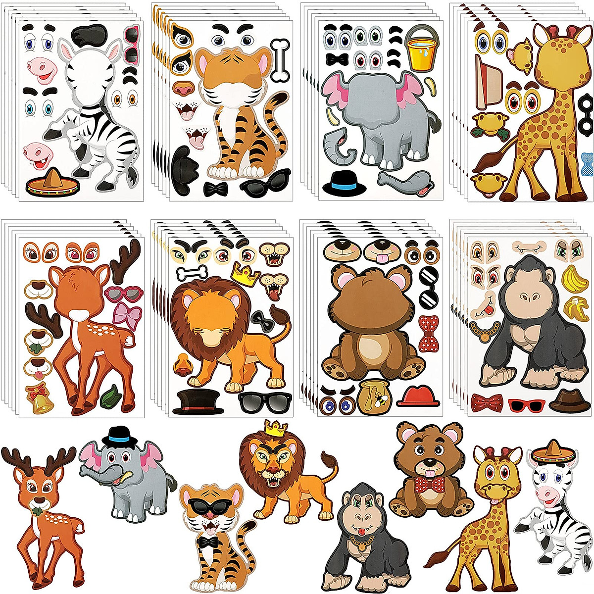 48 Sheet Make A Safari Animal Sticker Make Your Own Safari Animal Zoo Safari Themed Fun Stickers Safari Party Favors for Animal Party Favors, Rewards, Art Craft with 8 Designs