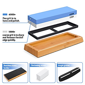 Sharpening Stone Whetstone Set 2 Side Grit 1000/6000, Professional Whetstone Knife Sharpener, Knife Sharpening Stone Kit with Bamboo Base, Flatting Stone, Angle Guide