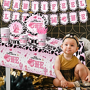 Western Cowgirl Birthday Party Decoration,142Pcs Pink Disco Cowgirl 1st Tableware Set I’m One Cowgirl Plates Napkins Cowgirl Tablecloth for My First Rodeo Let’s Go Cowgirl 1st Baby Shower Decoration