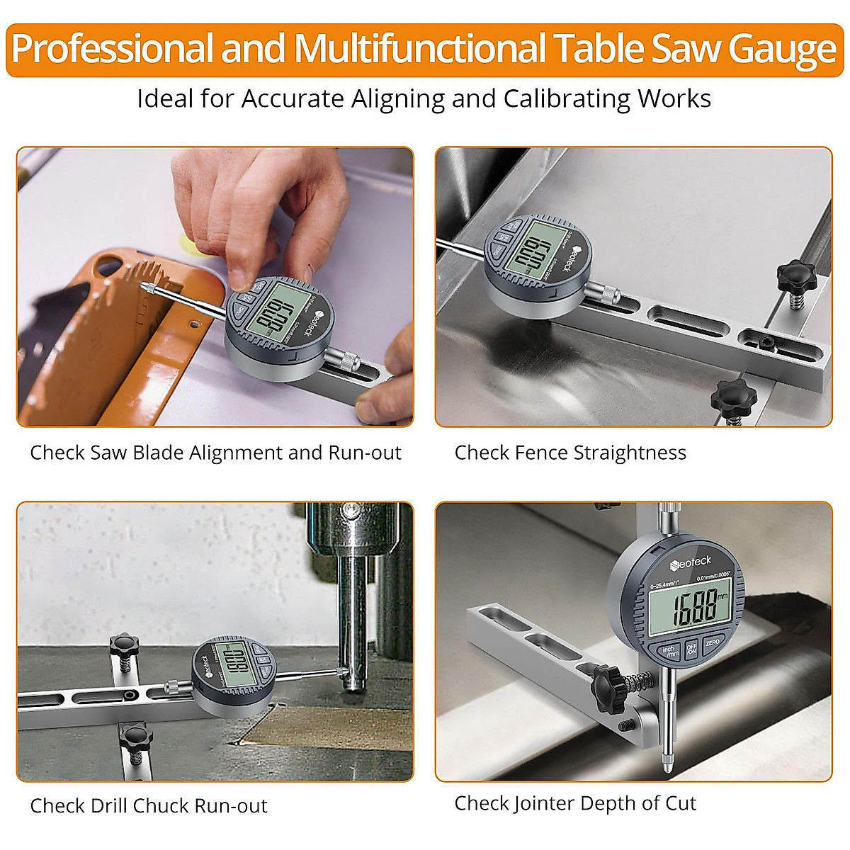 Neoteck 0-1'' Digital Dial Indicator Table Saw Gauge Suitable for Table Saws with a Groove Width of 3/4" (19mm) or more for Aligning and Calibrating Work,Shop Machinery,Band Saw and Drill Press-Silver