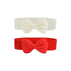 Allegra K Women Press Studs Closure Bowknot Elastic Waist Belt White+Red