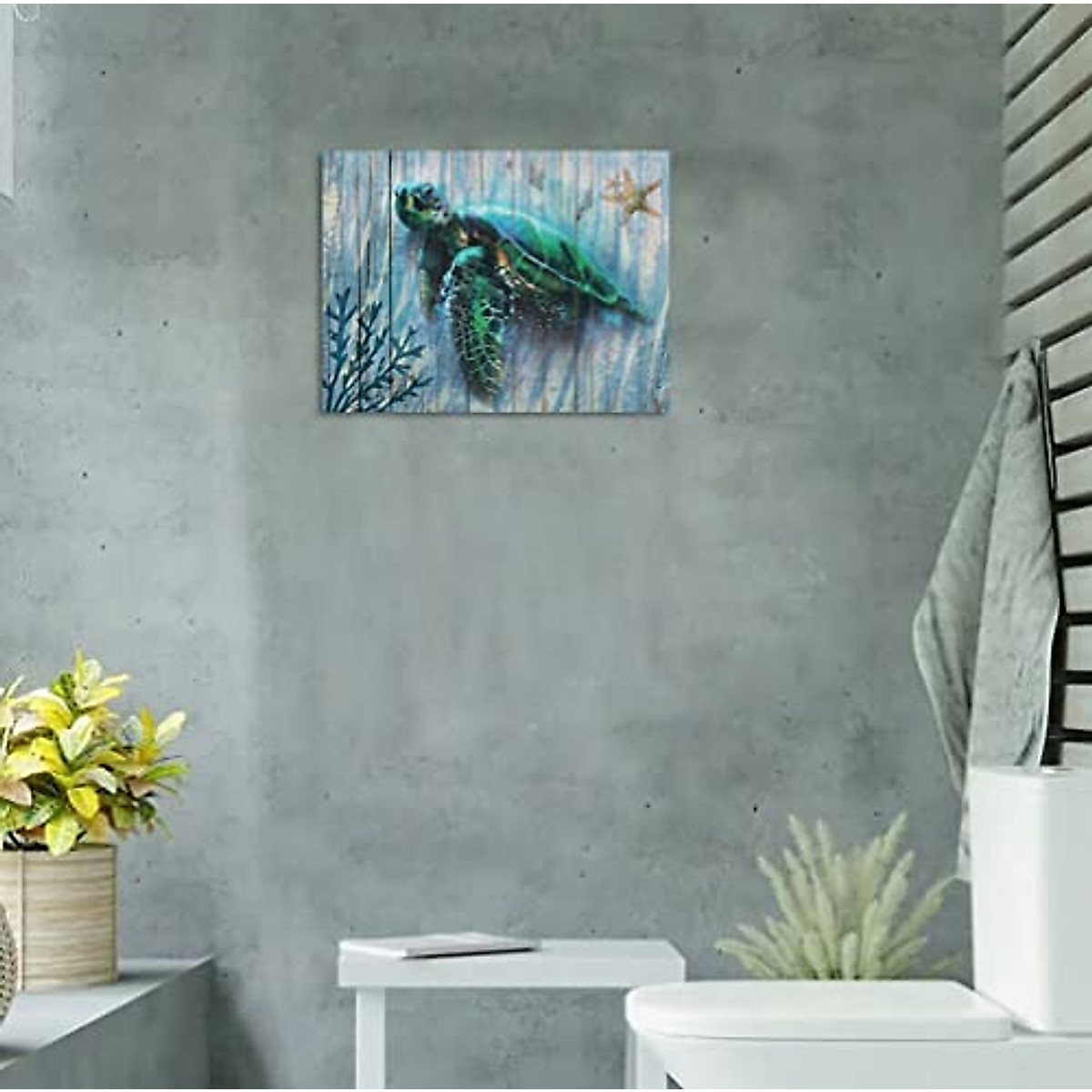 Arjun Bathroom Decor Teal Canvas Green Sea Turtle Wall Art Prints Submarine Picture One Panel 16"x12" Blue Sea-Plant Modern Landscape Painting Framed for Living Room Bedroom Home Office Spa Wall Decor