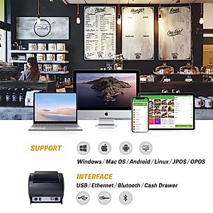 Thermal Receipt Printer, Washin WS-K260L, 80mm Receipt Printer with Auto Cutter and Support Cash Drawer, USB Ethernet Bluetooth, Windows MacOS Linux Android ESC/POS