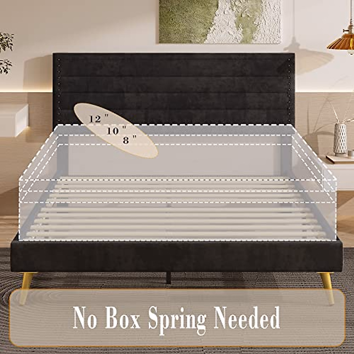 LIKIMIO Queen Bed Frame, Upholstered Platform Bed with Headboard Heavy Strong Metal/Wood Supports, Easy Assembly, Noise-Free, No Box Spring Needed, Black