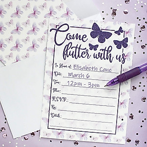 DISTINCTIVS Butterfly Birthday Party Invitations - Purple Butterfly Wishes - 10 Fill In Invite Cards with Envelopes - Come Flutter With Us Themed Party Supplies
