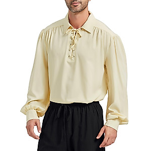 Zando Men's Renaissance Faire Costume - Long Sleeve Medieval Pirate Shirt - Beige, X-Large