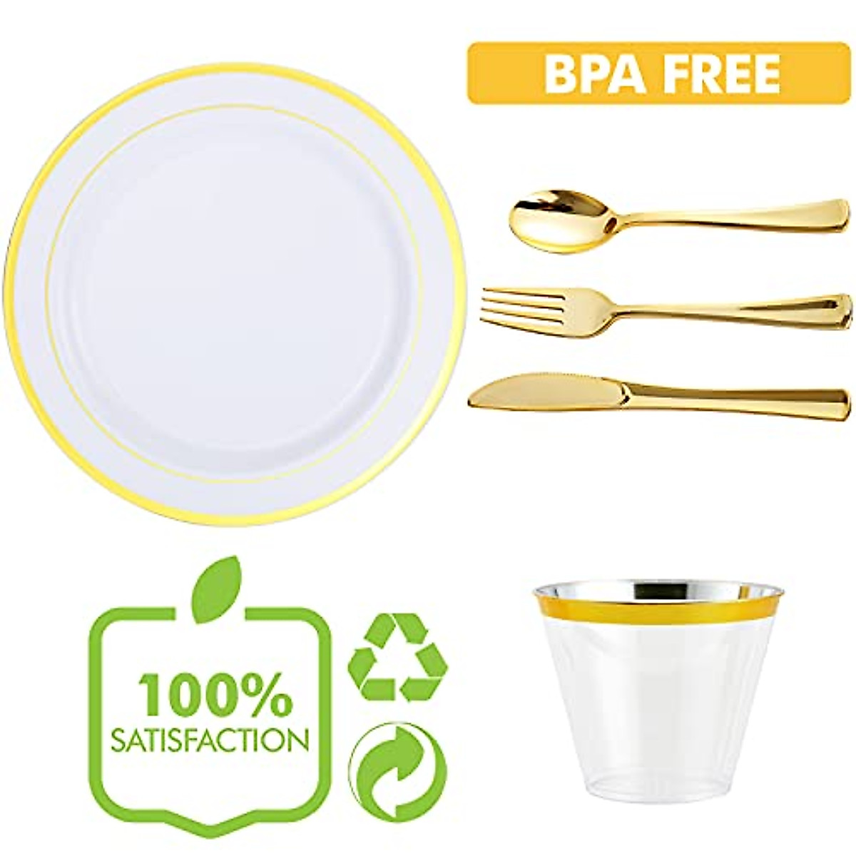 Vplus 600 Count Gold Dinnerware Set, 200 Plastic Plates, Set of 300 Silverware, 100 Cups, Disposable Gold Plastic Dinnerware for Party or Wedding
