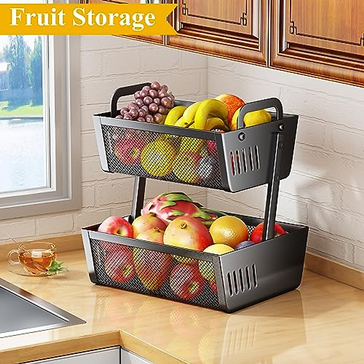 Fruit Basket Bowls For Kitchen Counter - Metal Fruit Stand with Handle - Kitchen Vegetables Bread Snacks Storage Organization, 2 Tier Black
