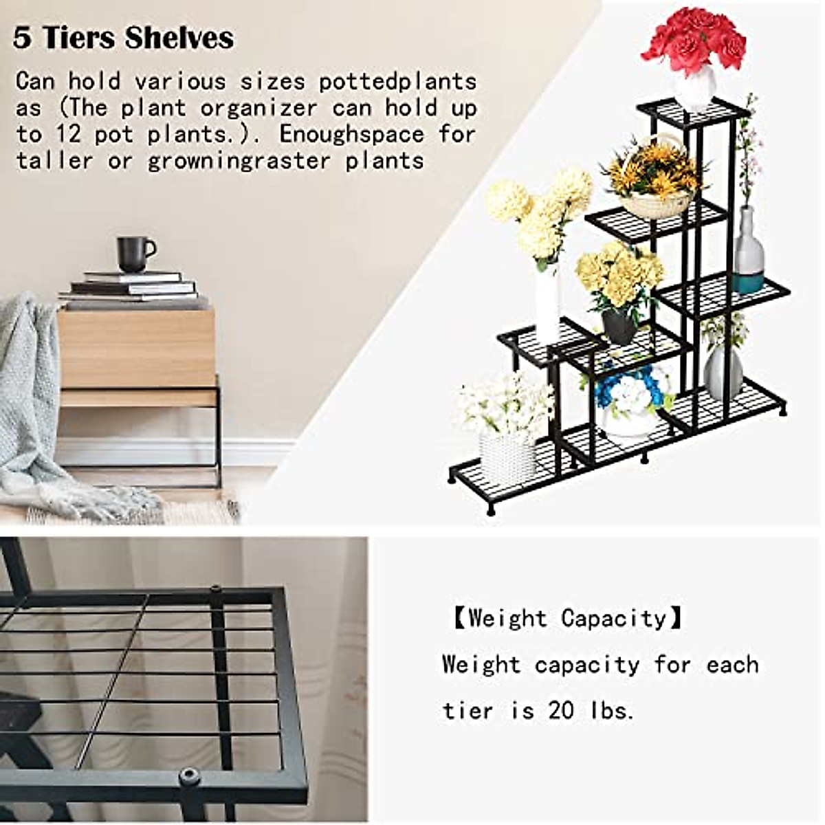 Metal Plant Stand, 5 Tiers Multifunctional Plant Stands for Indoor Plants, Decorative Black Steel Plant Shelf for Indoor Outdoor Patio Garden Balcony and Yard(5 tiers 12 pots)