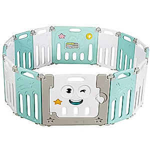 Costzon Foldable Baby Playpen, 14-Panel Baby Play Yards with Lock Door & Anti-Slip Rubber Bases, Indoor Outdoor Safety Baby Fence with Adjustable Shape for Children Toddlers (14 Panel, Green + White)
