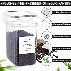 XOTAISM 6 Pcs Airtight Flour and Sugar Containers with 132 Kitchen Pantry Labels Preprinted - Stackable Plastic Cereal Storage Canisters with Lids