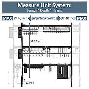 TOOLF Over The Sink Dish Dying Rack, Adjustable Length(29.4"-37.4") Height, 3 Tier Large Capacity Dish Rack, Sink Organize Stand Shelf, Kitchen Counter Supplies Storage for Plates Bowls Pots, Black