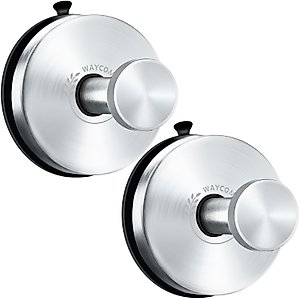 WAYCOM Suction Cup Hooks for Shower, 2Pcs Towel Hooks for Bathroom Wall SUS304 Vacuum Stainless Steel Shower Hooks Bathroom, Kitchen, Glass Door, Tile – Loofah, Towel, Coat, Bath Robe Hook Holder
