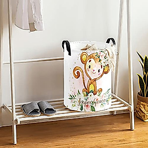 Cute Monkey Pink Floral Personalized Laundry Basket Clothes Hamper with Handles Waterproof,Custom Collapsible Laundry Storage Baskets for Bedroom,Bathroom Decorative Large Capacity