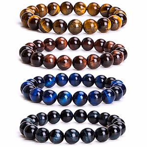 Bivei AA Quality Mens Womens 10MM Natural Tiger Eye Stone Gemstone Bead Meditation Healing Power Elastic Stretch Bracelet(Tiger Eye 4pc/Set)