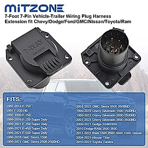 MITZONE 7-Foot 7-Pin Vehicle-Trailer Wiring Plug Harness Extension Compatible with Chevy/Dodge/Ford/GMC/Nissan/Toyota/Ram for Fifth-Wheel and gooseneck Trailers [Truck Bed Extension]