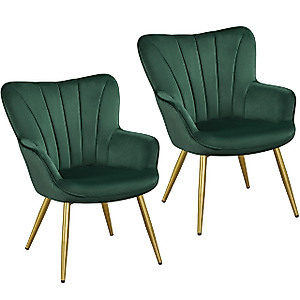 Yaheetech Velvet Accent Chair, Modern Armchair with Wing Side and Metal Legs, Cozy and Soft Padded and High Back for Living Room/Home Office/Bedroom, Set of 2, Green