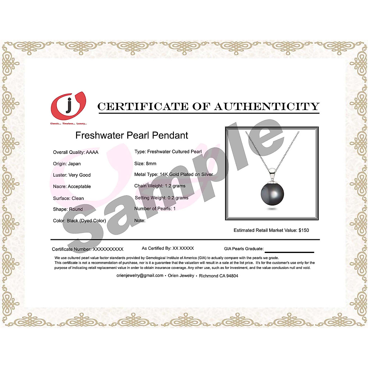 Orien Jewelry Japanese Freshwater Cultured Pearl Pendant Necklace AAAA Graded 6mm Black Color Necklace Pendant with Sterling Silver Setting and Matching 18 Inch Chain