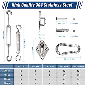 BLADOPIA Sun Shade Sail Hardware Kit, 6 inch Heavy Duty Stainless Steel Outdoor Triangle Sunshade Installation Set, UV Block Canopy Awning Wall Mounting Anchor and Turn Buckles for Patio, Garden