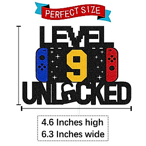 Level 9th Unlocked Sign Cake Topper Happy 9th Birthday Level Up Tenth Cake Decorations for Video Game Controller Themed Kids Boy Girl Bday Party Supplies Double Sided