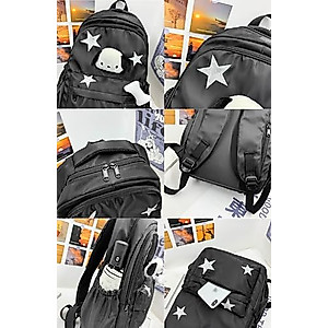 JHTPSLR Preppy Backpack with Plushies Y2K Aesthetic Backpack Sparkling Silver Stars Backpack Book Bags Cute Aesthetic Backpack (Black)