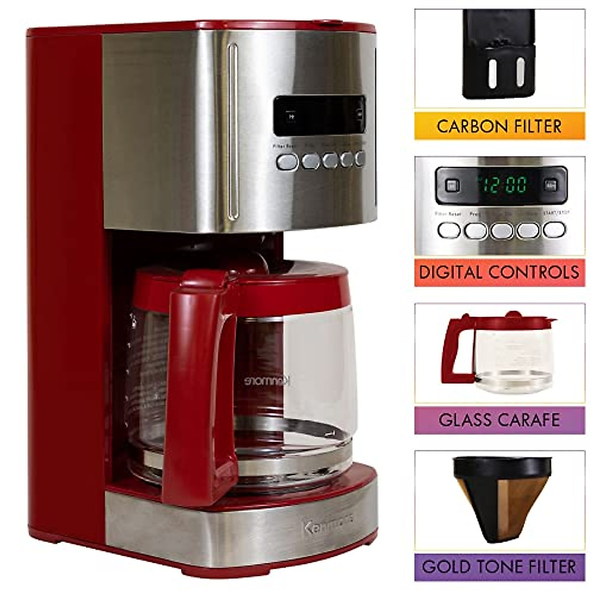 Kenmore Aroma Control 12-cup Programmable Coffee Maker, Red and Stainless Steel Drip Coffee Machine, Glass Carafe, Reusable Filter, Timer, Digital Display, Charcoal Water Filter, Regular or Bold