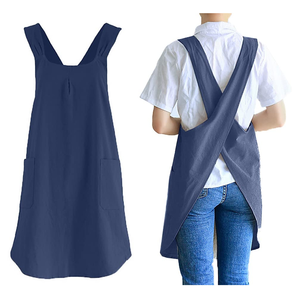 losofar Soft Cotton Linen Apron Cross Back X-Shaped Japanese Style Pinafore Dress for Cooking, Housewarming, Daily Chores (darkblue, (28.3"x 35.4"))