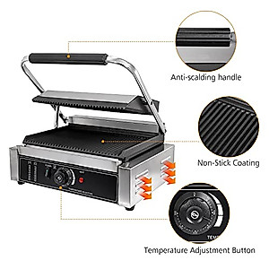 POWLAB Commercial Sandwich Panini Press Grill 2200W Sandwich Press Grill Machine Electric Stainless Steel Sandwich Maker Non Stick Surface Kitchen Equipment for Making Hamburgers Steaks Bacons