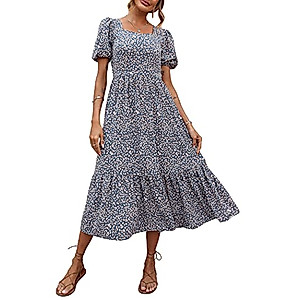 PRETTYGARDEN Women's Bohemian Dress Leopard Tie-Back Square Neck Puff Sleeve Ruffled Hem Summer Maxi Dresses(Blue,X-Large)