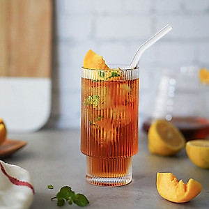 CAYOREPO 6 Pcs Set 16oz Ribbed Drinking Glasses with Bamboo Lids and Straws, Ribbed Glass Cups, Stackable Glasses, Vintage Water Glasses for Juice, Beer, Coffee, Tea and Cocktail (Clear (6Pcs))