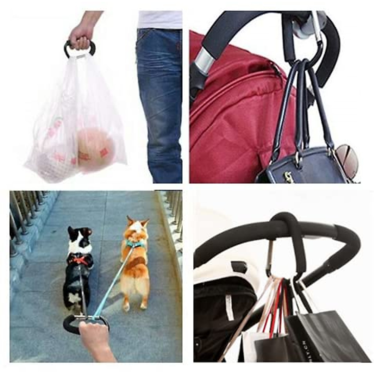 Magnoloran 4 Pack Grocery Bag Shopping Bag Holder Handle Carrier Tool Baby Stroller Hook Stroller Organizer Hook Clips Multi Purpose Snap Hook Carabiner Clip with Cushion Grip, Black & Purple