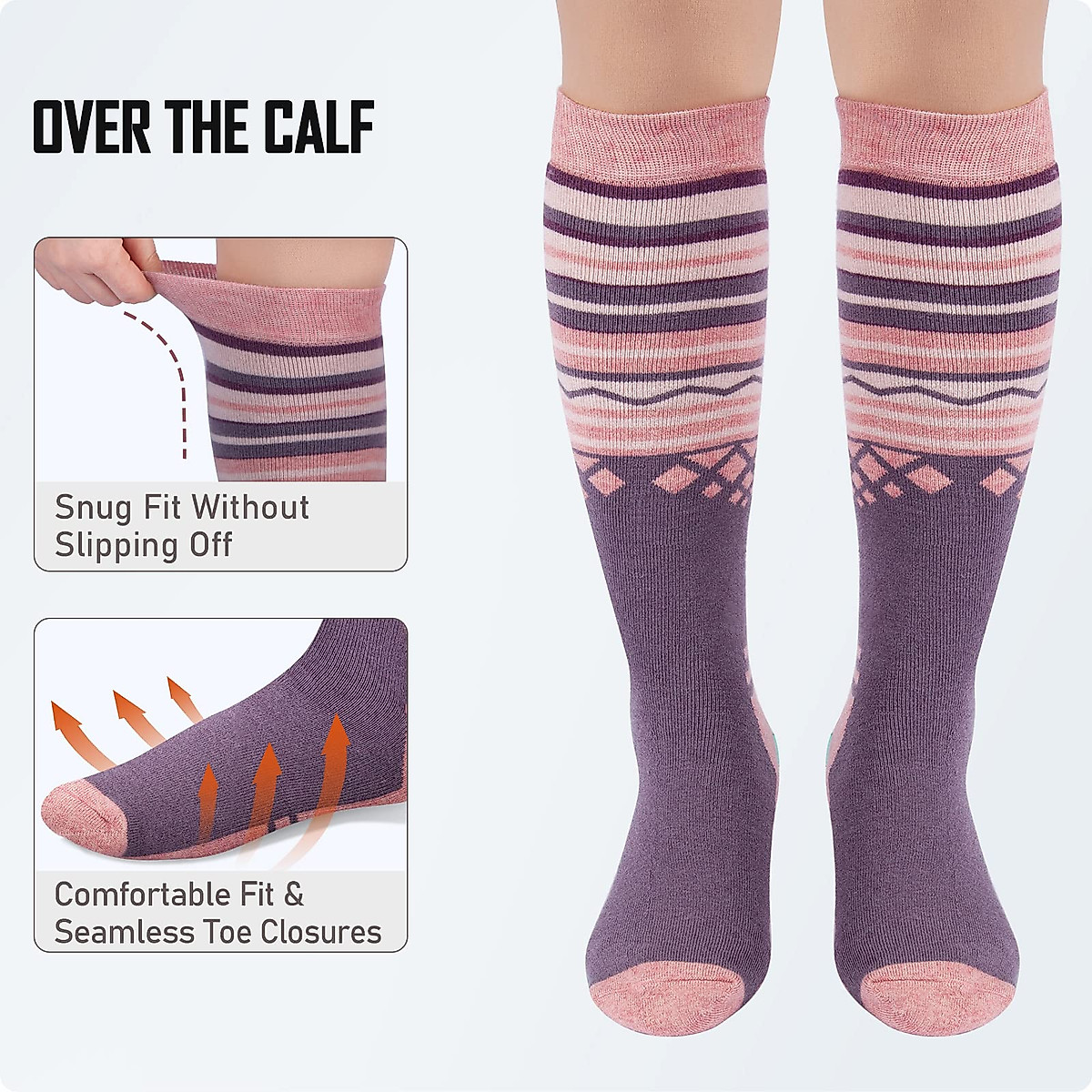 OutdoorMaster Ski Socks 2-Pack Merino Wool, Non-Slip Cuff for Men & Women - Fringes, L/XL