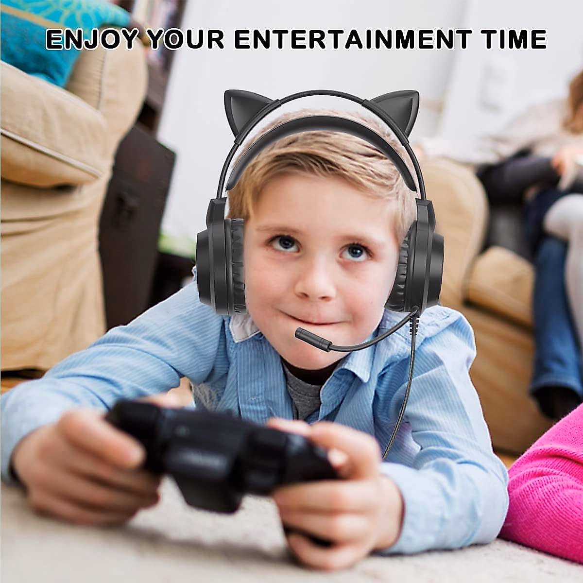 Gaming Headset with Removable Cat Ears, 3.5mm Wired Headphones with Adjustable Microphone, Extendable Padded headband, Noise Cancelling and RGB Light Headphones for Xbox/PS4/Switch/Mac/Phone (Green)