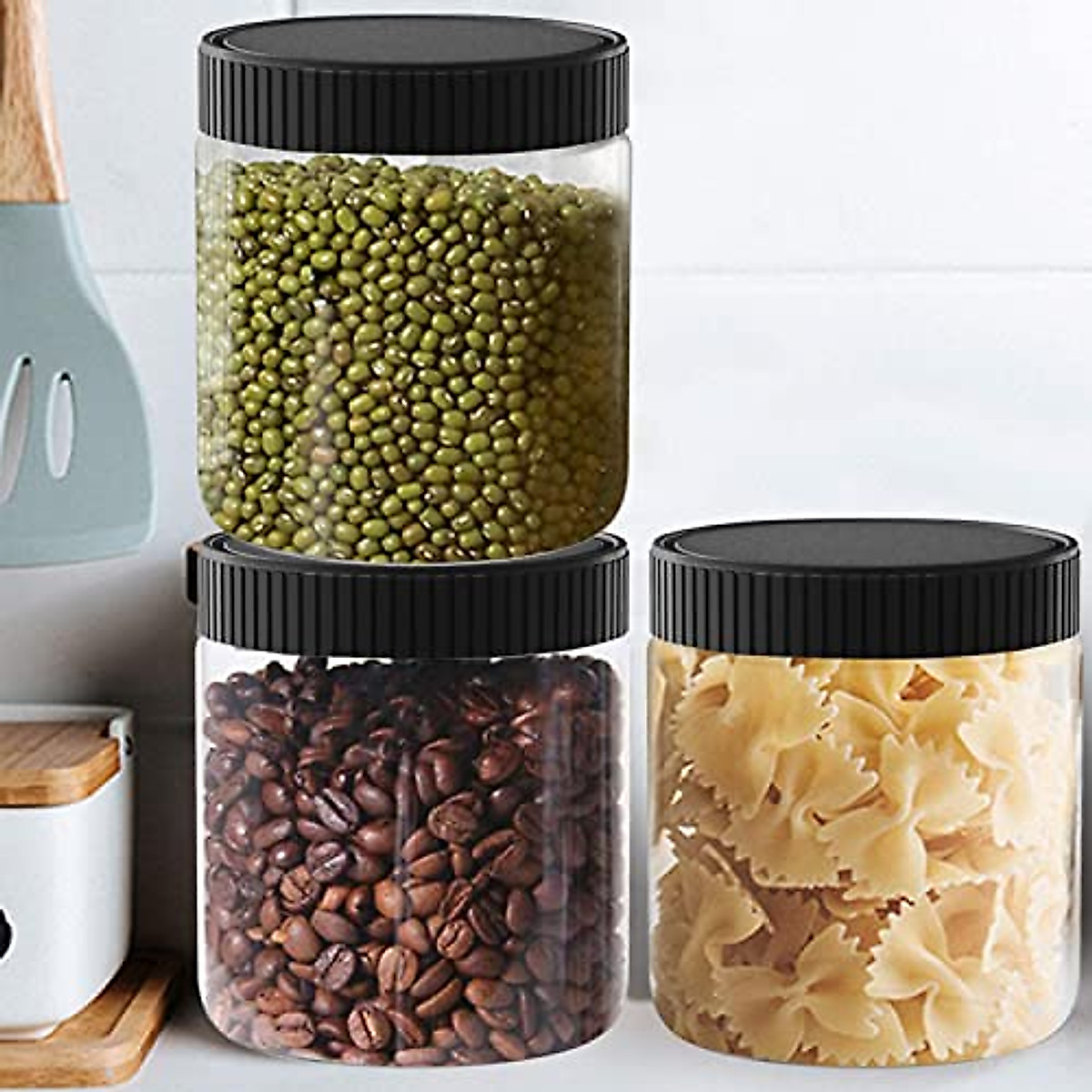 8 Oz Clear Plastic Jars with Black Lids Refillable Kitchen Storage Containers for Dry Food, Coffee, Nuts and More, 3 Pack