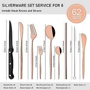 Uniturcky 62-Piece Rose Gold Flatware Set for 8 Stainless Steel Silverware Set with Steak Knives, Plus Reusable Metal Straws and Butter Knives, Party Tableware Cutlery Set, Mirror Polished