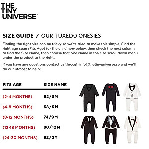 The Tiny Universe Tuxedo Onesie Classic for Baby Boys, Body Suit, Jumpsuit Gentleman Wedding Outfit - Original Swedish Design (Classic Black, 68 / 6M)