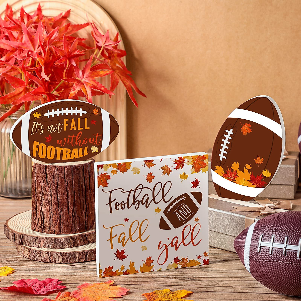 Jetec 3 Pcs Fall Football Decor Thanksgiving Fall Tiered Tray Decor Orange Maple Wooden Table Centerpieces Farmhouse Rustic Decor Decorative Table Decorations for Autumn Harvest Table Shelf(Classic)