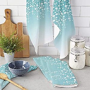 Yun Nist Kitchen Dish Towels,White Flower Vine Blossom Cherry Soft Microfiber Dish Cloths Reusable Hand Towels,Falling Floral Teal Gradient Back Washable Tea Towel for Dishes Counters 1 Pack