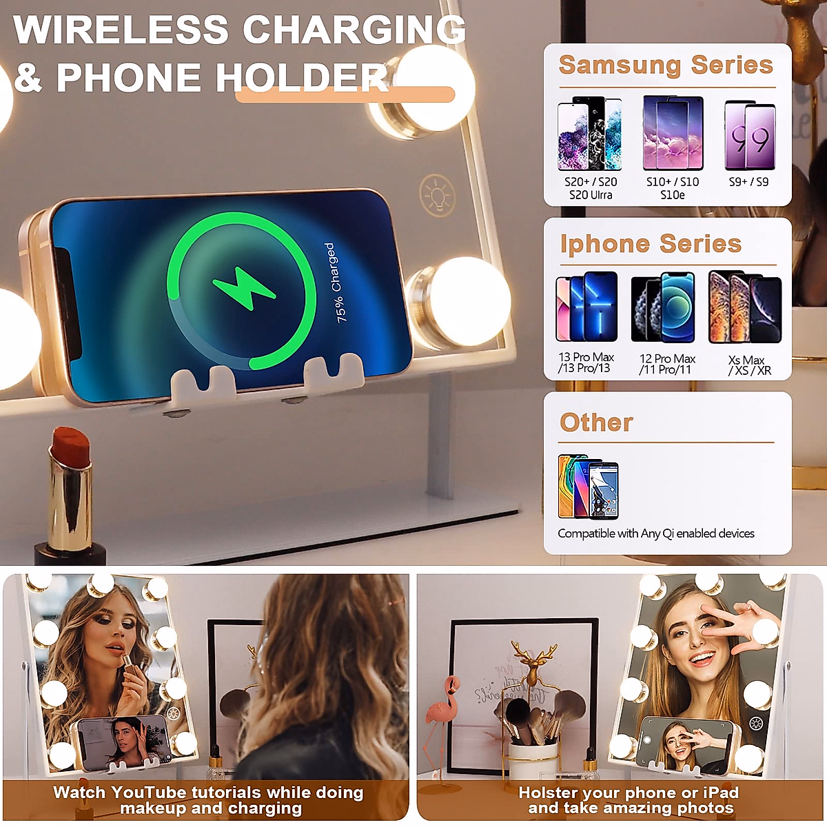 Hansong Lighted Vanity Mirror with Bluetooth Speaker and Wireless Charging Makeup Mirror with Lights 9 Dimmable Bulbs Lighted Makeup Mirror 3 Color Lighting Tabletop (White)