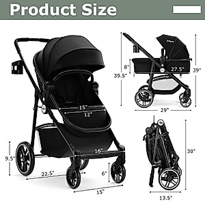 INFANS 2 in 1 Baby Stroller, High Landscape Infant Stroller & Reversible Bassinet Pram, Foldable Pushchair with Adjustable Canopy, Storage Basket, Cup Holder, Suspension Wheels (Black)