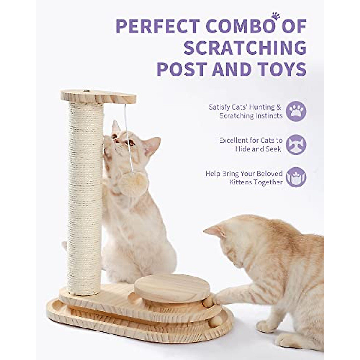 Made4Pets Cat Scratching Post Cat Scratcher Toy Wooden Two-Layer Cat Turntable with Interactive Balls and Dangling Ball