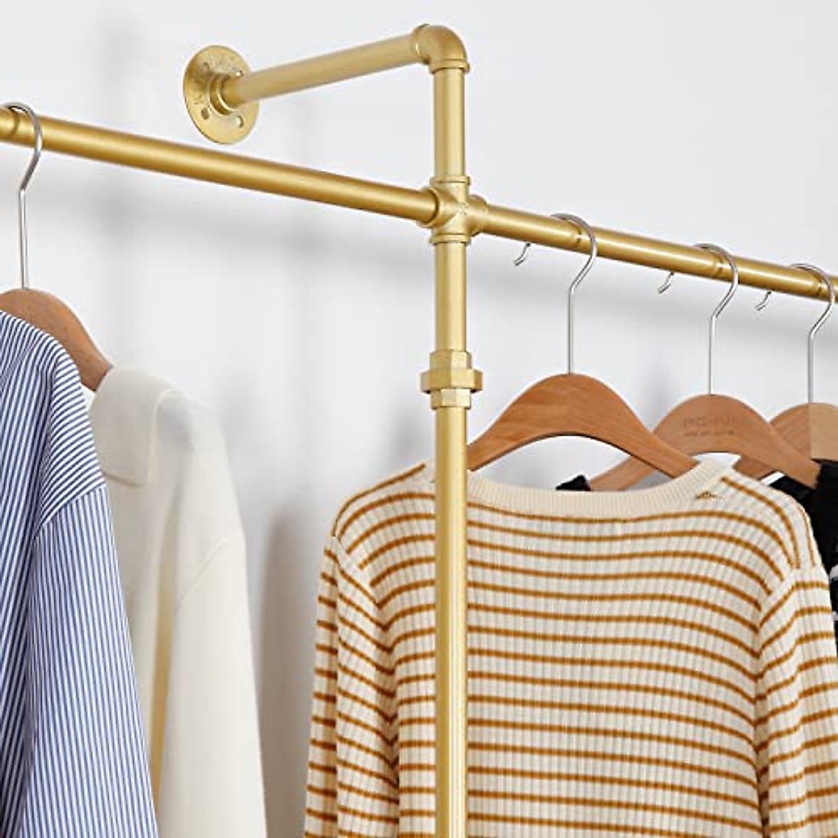 ZGZR Wall Mounted Industrial Pipe Clothing Garment Racks, Metal Clothing Store Display Stands Clothes Rack Multi-purpose Heavy Duty Hanging Rod for Closet Storage, 134in Gold