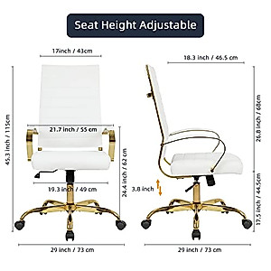 LANDSUN Home Office Chair High Back Executive Chair Ribbed PU Leather Computer Desk Chair with Armrests Soft Padded Adjustable Height Swivel Conference Gold Frame White