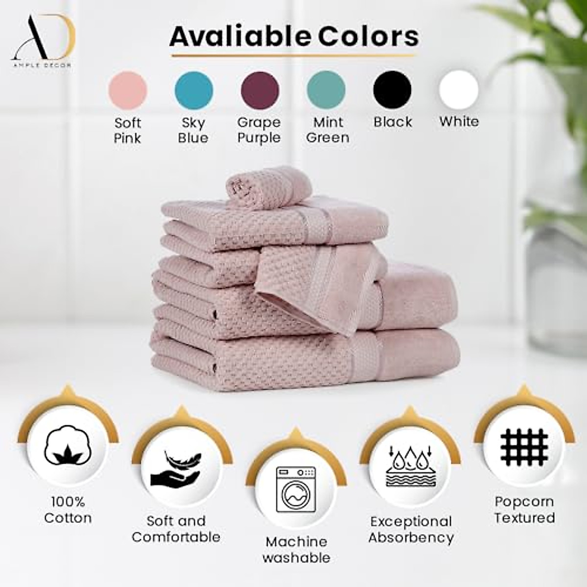 Ample Decor 100% Cotton 6 Pcs Bath Towel Set, Luxury Bath Towels for Bathroom - 2 Bath Towels, 2 Hand Towels, 2 Washcloths - Soft Pink